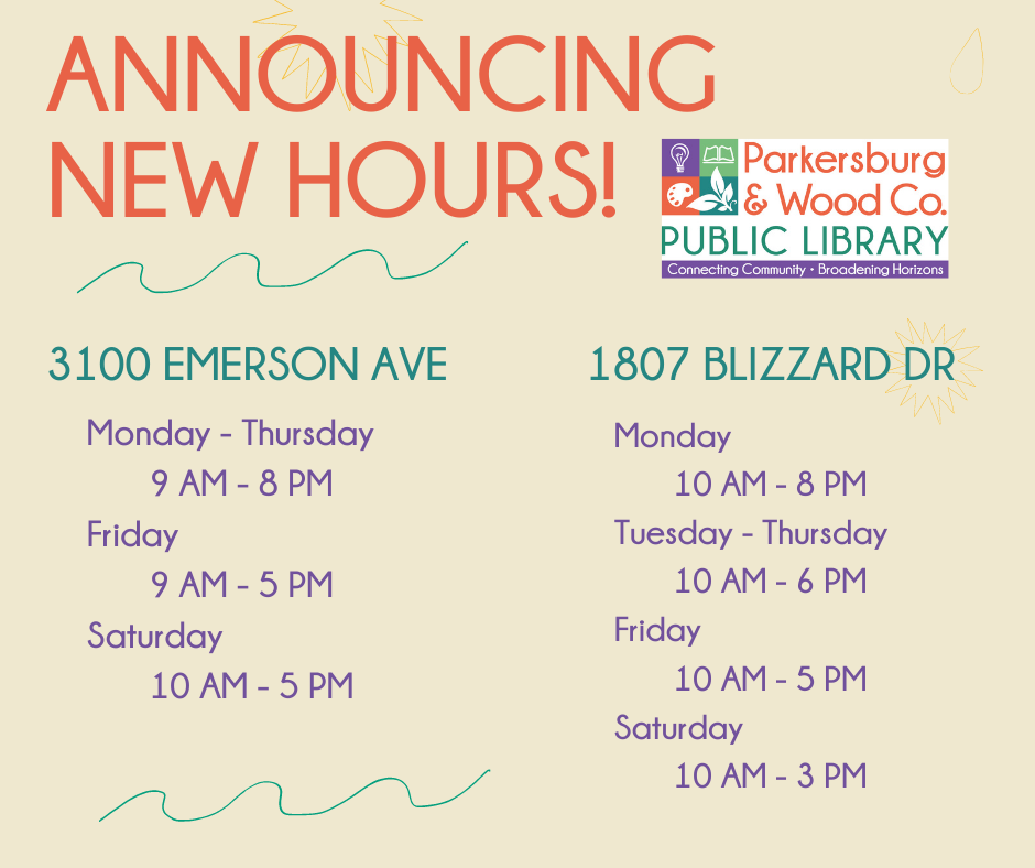 New Hours Starting Monday 8/16 – Parkersburg & Wood County Public Library